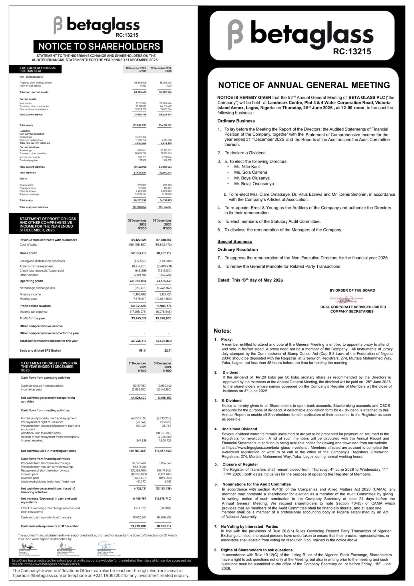 Notice To Shareholders: Statement To The Nigerian Exchange And ...